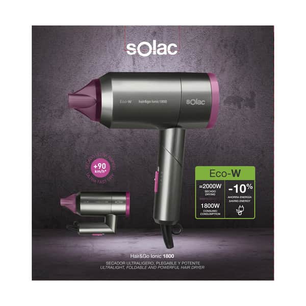 Solac - Foldbar Hårtørrer - 1800 Watt - 2 hastigheder - Inkl. tilbehør | Imerco